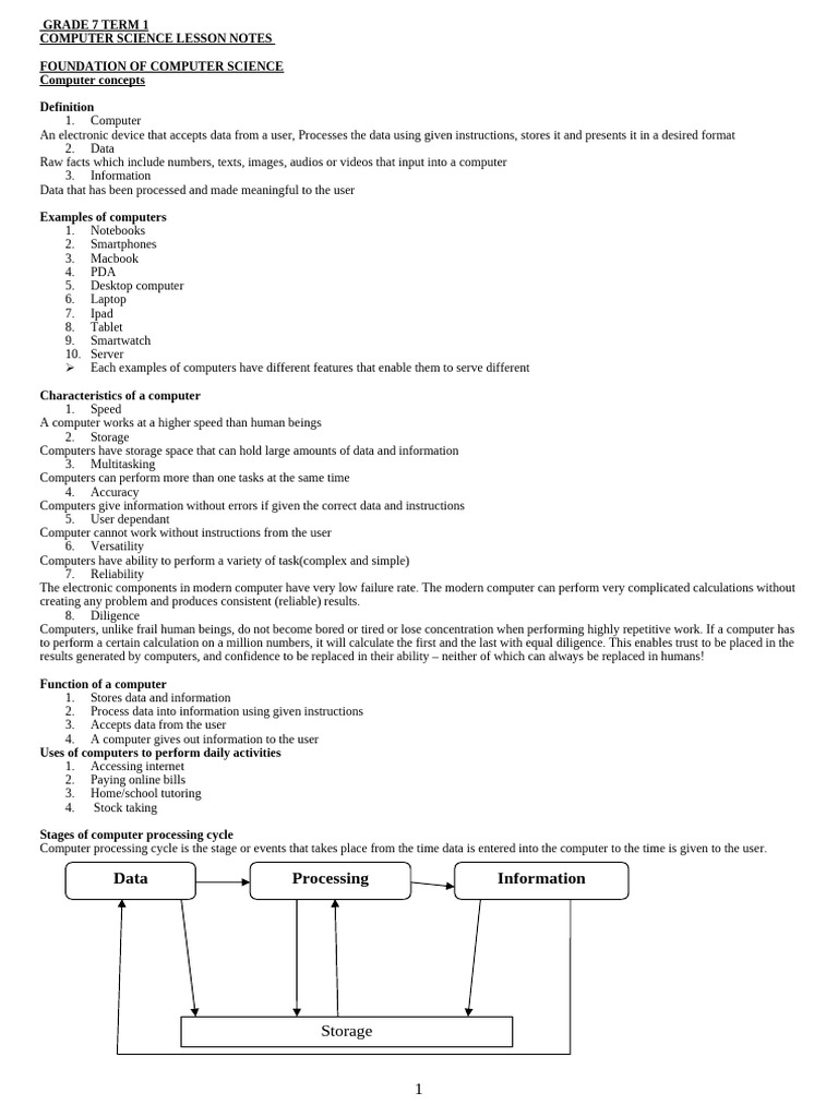 Computer Science Grade 7 Term 1 Notes1 | PDF | Computer Data Storage ...