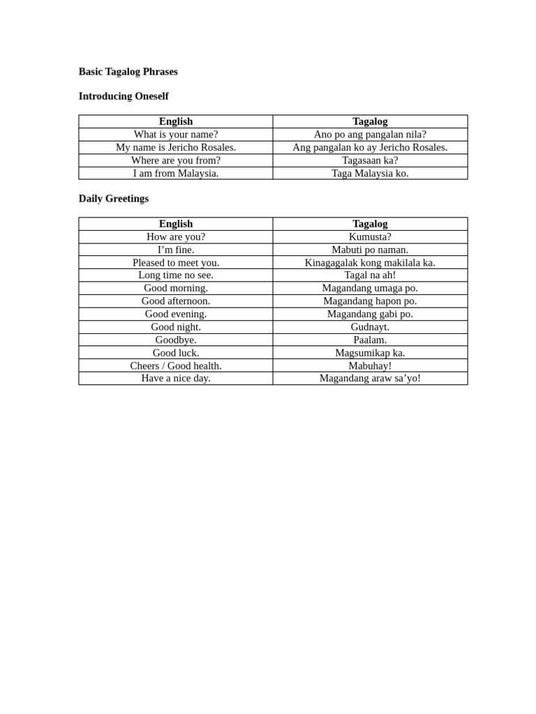 Essential Tagalog Phrases for Beginners | PDF