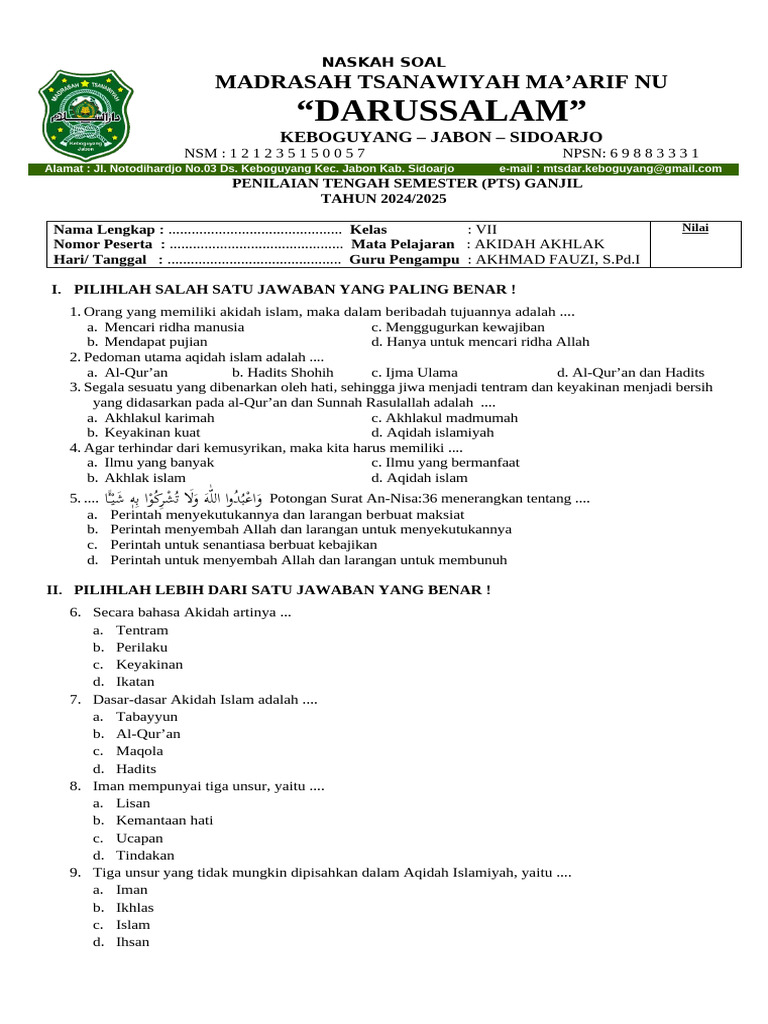 Format Naskah Soal Pts 2024-2025 Aa Af | PDF