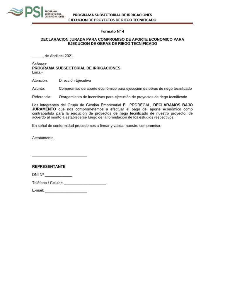 Formato 4 - Compromiso Aporte Económico para Ejecución Obra | PDF
