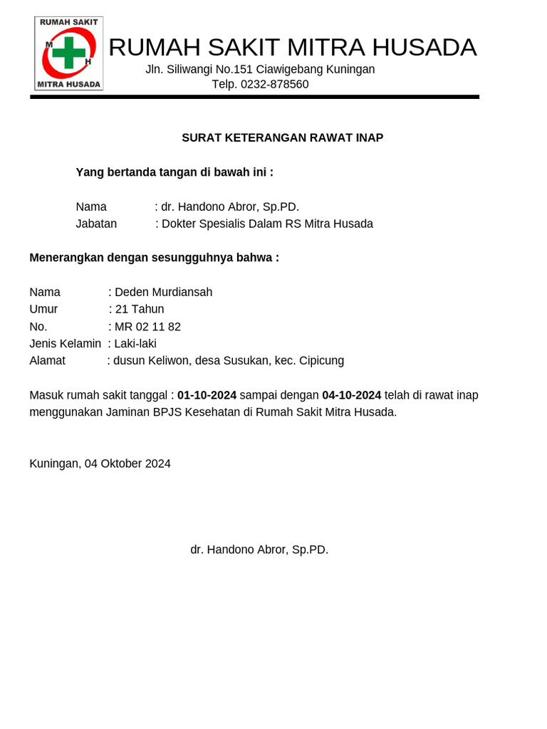 Surat Keterangan Rawat Inap RS Mitra Husada | PDF