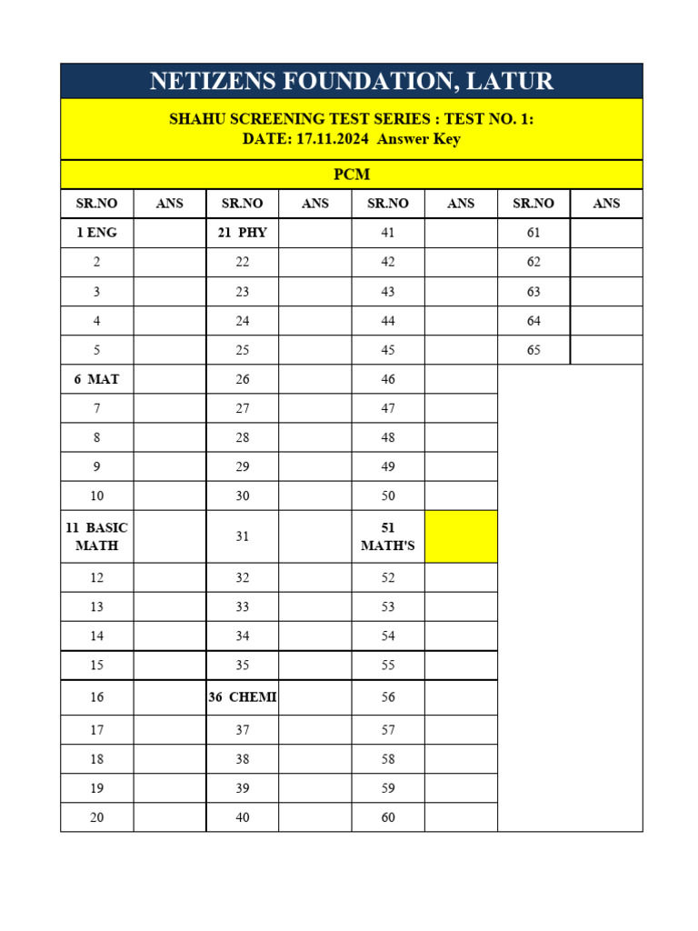 PCM - Test 01-Test Answer Key | PDF