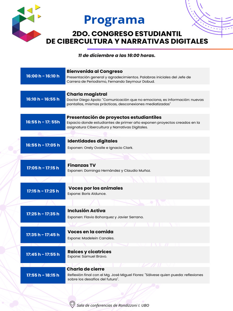 Programa 2do Congreso Estudiantil Cibercultura y Narrativas Digitales | PDF