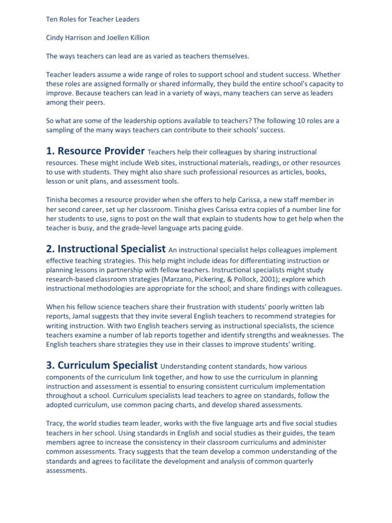 Ten Roles For Teacher Leaders | PDF | Mentorship | Teachers