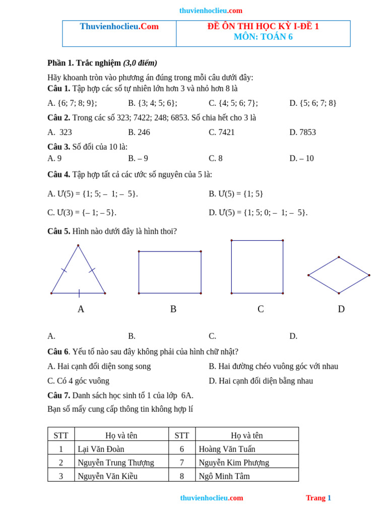 thuvienhoclieu.com-De-on-thi-HK1-Toan-6-CTST-De-1 | PDF