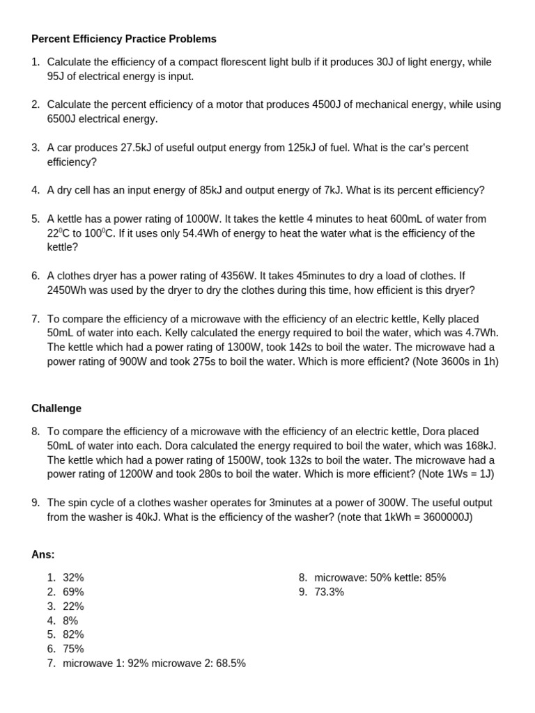 Percent Efficiency And Power Practice Problems Pdf