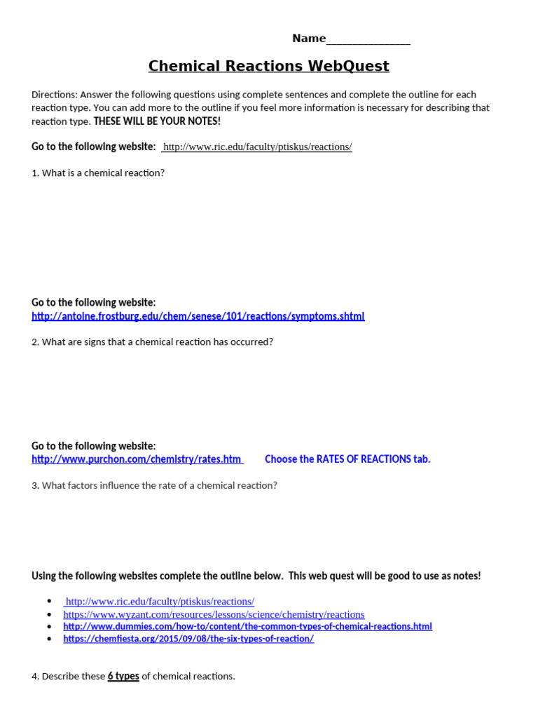 Chemical Reactions Webquest | PDF