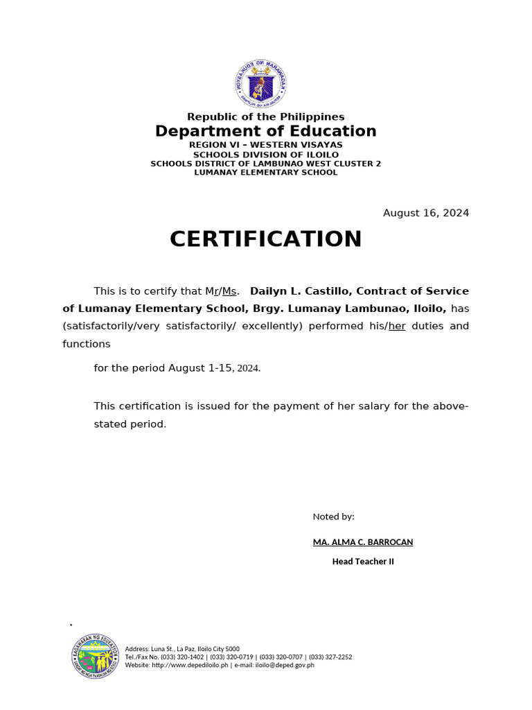 Cos DAILYN ATTACHMENT AUGUST 1-30 | PDF | Philippines