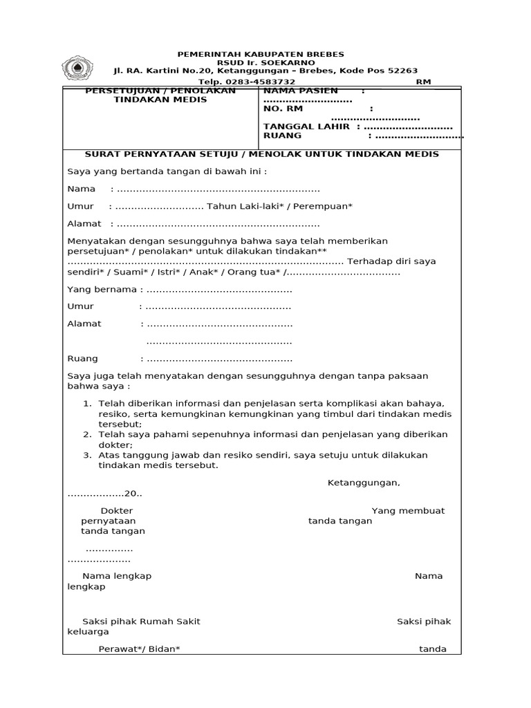 FORM PERSETUJUAN ATAU PENOLAKAN TINDAKAN Medis | PDF
