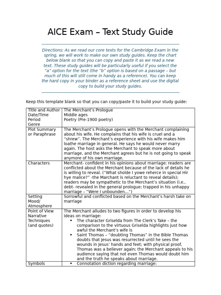 AICE Exam Text Study Guide Template | PDF | Poetry | Narrative
