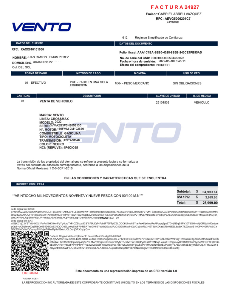 Factura Original Moto Vento 2023 | PDF | Vehículo de motor