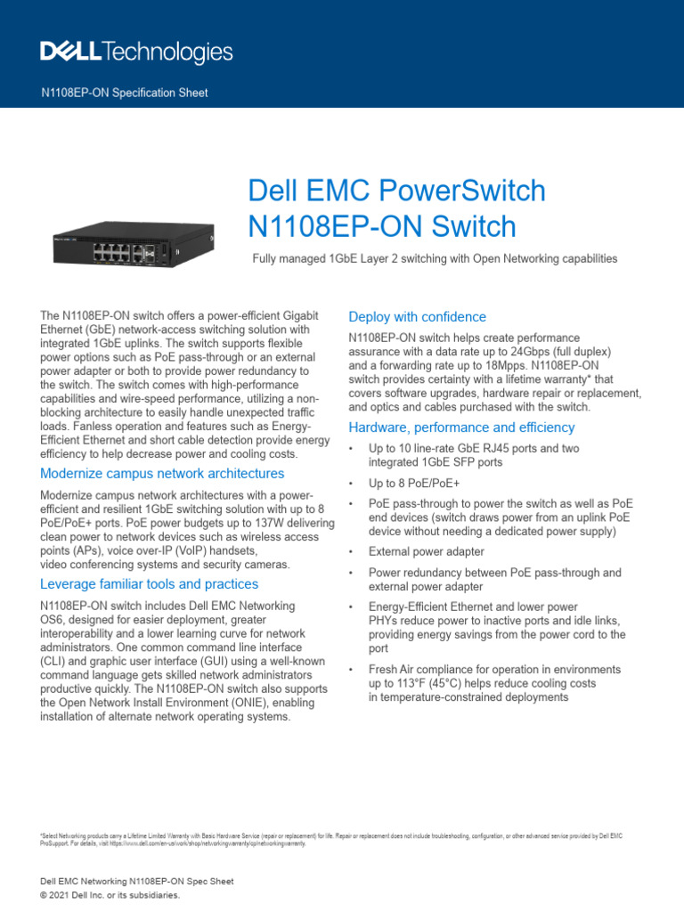 Dell Emc Networking n1100 Series Specsheet | PDF | Network Switch | Computer Network