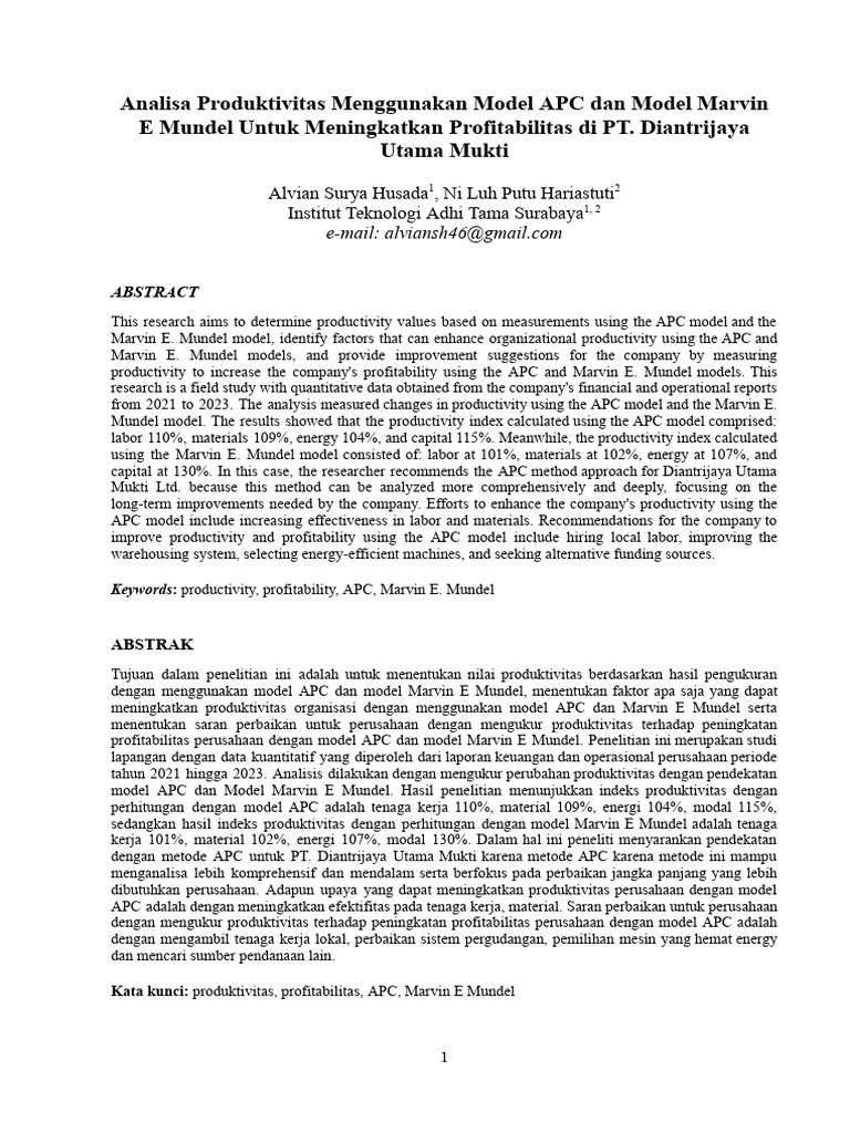 Analisa Produktivitas Menggunakan Model APC dan Model Marvin | PDF