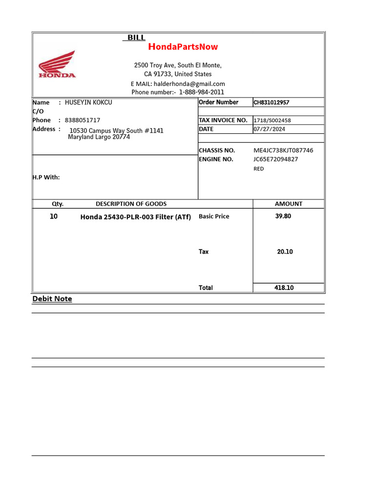 Invoice Honda Parts Now | PDF