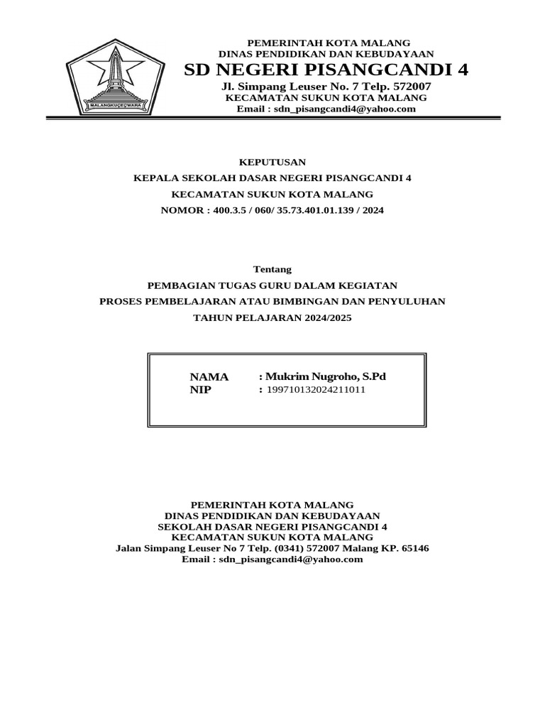 SK Pembagian Tugas Mengajar Semester 1 2024-2025 | PDF