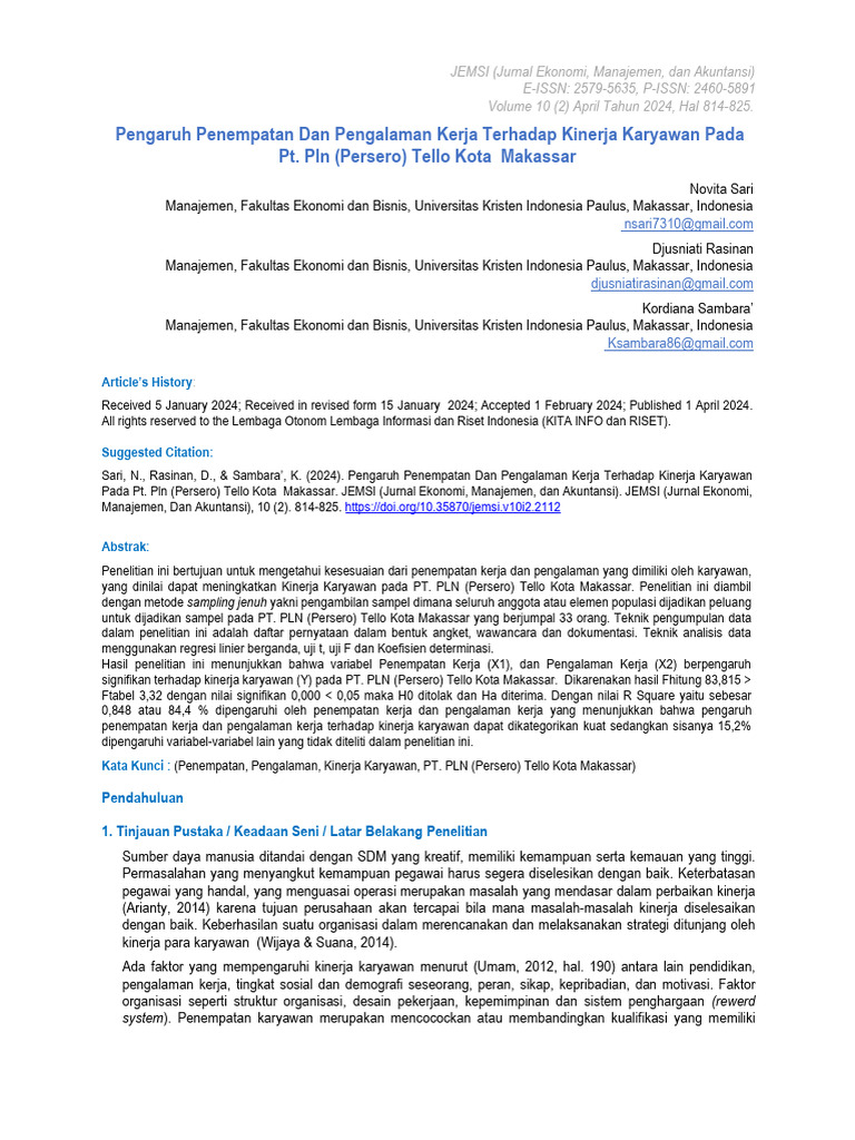 Penempatan Pengalaman - Kinerja PLN Tello | PDF