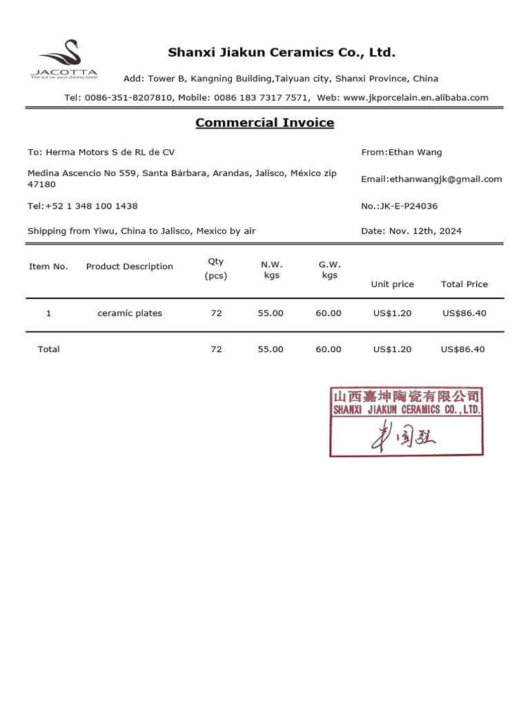 Commercial Invoice JK-E-P24036 | PDF