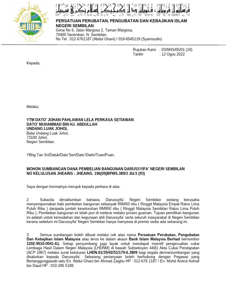 Surat Sumbangan Datuk Undang 2022 | PDF