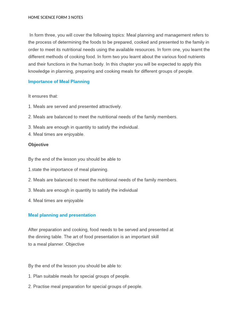 Meal Planning in Home Science Form 3 | PDF | Pancake | Breastfeeding