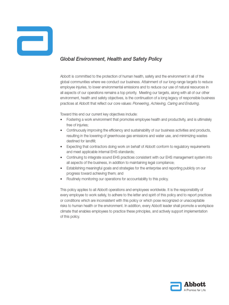 Abbot Global - Environmental - Health - Safety - Policy | PDF
