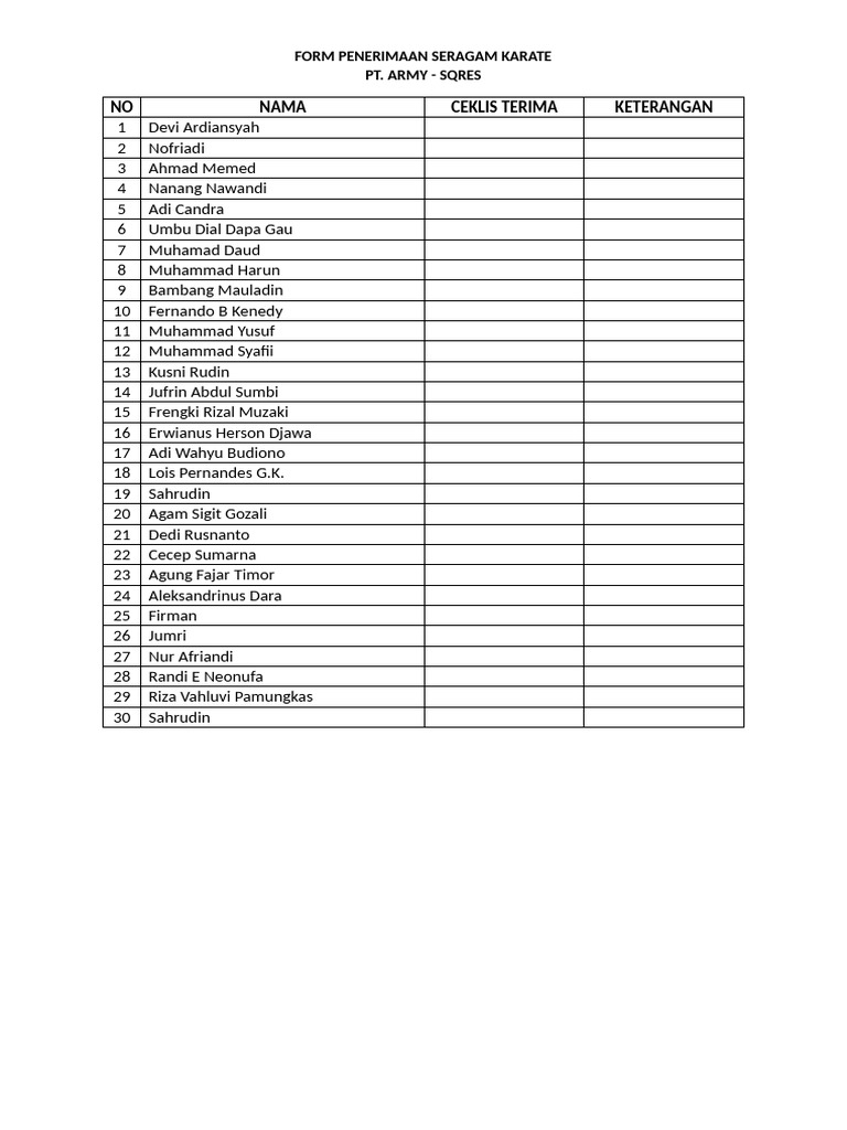 Form Penerimaan Seragam Karate | PDF