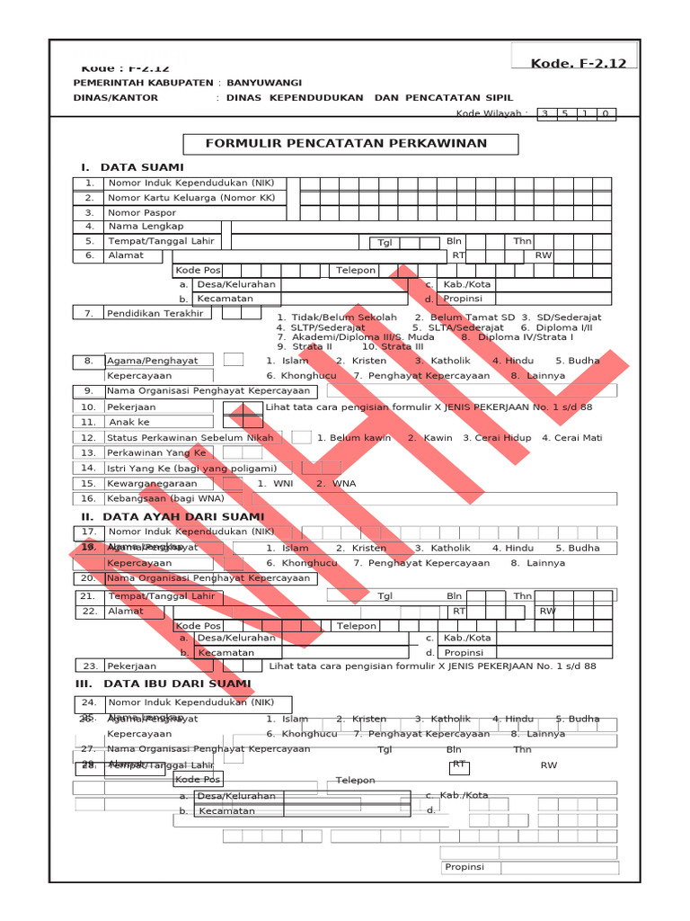 F-2.12 Formulir Pencatatan Perkawinan | PDF