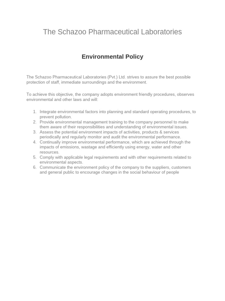 Schazoo Pharma Environmental Policy | PDF