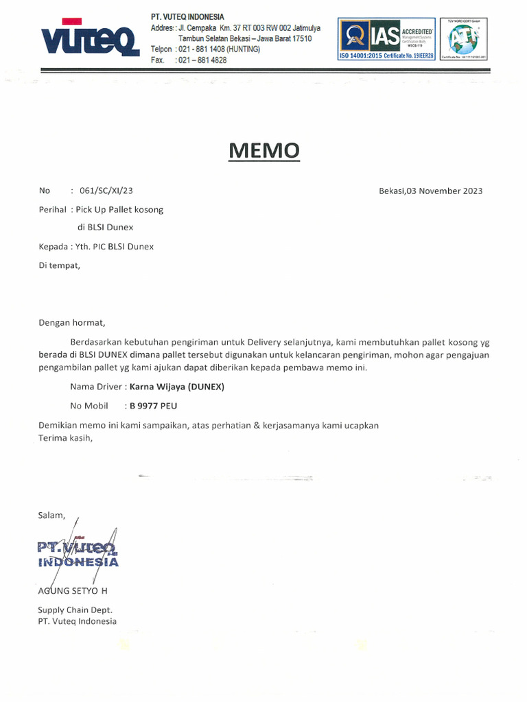 Memo Pengambilan Pallet BLSI-DUNEX. | PDF