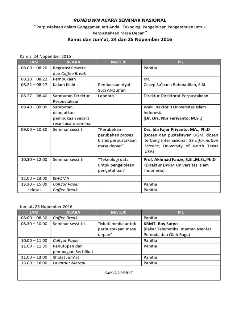 Rencana Susunan Acara Seminar Nasional 2 | PDF