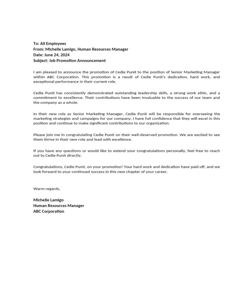 Cedie Punit's Promotion Announcement | PDF