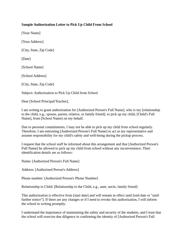 Sample Authorization Letter To Pick Up Child From School | PDF