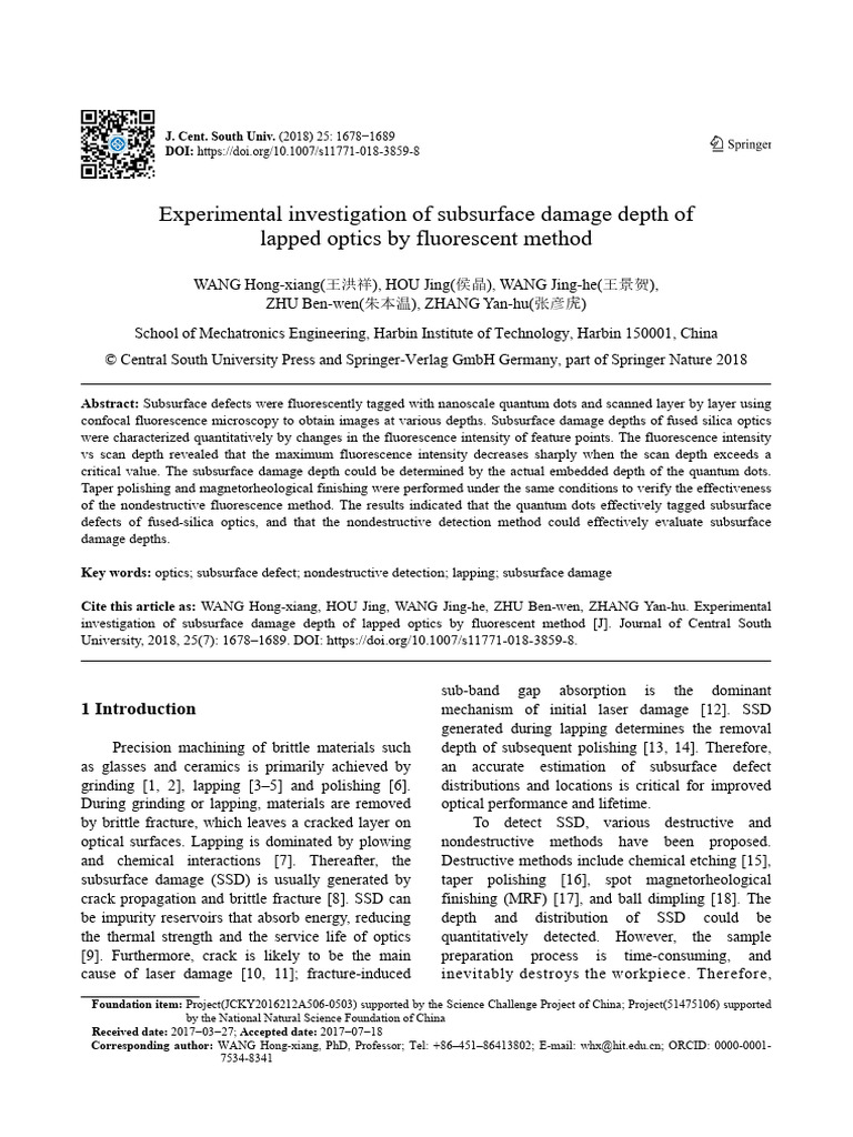 Experimental investigation of subsurface damage depth of lapped optics by fluorescent method ...