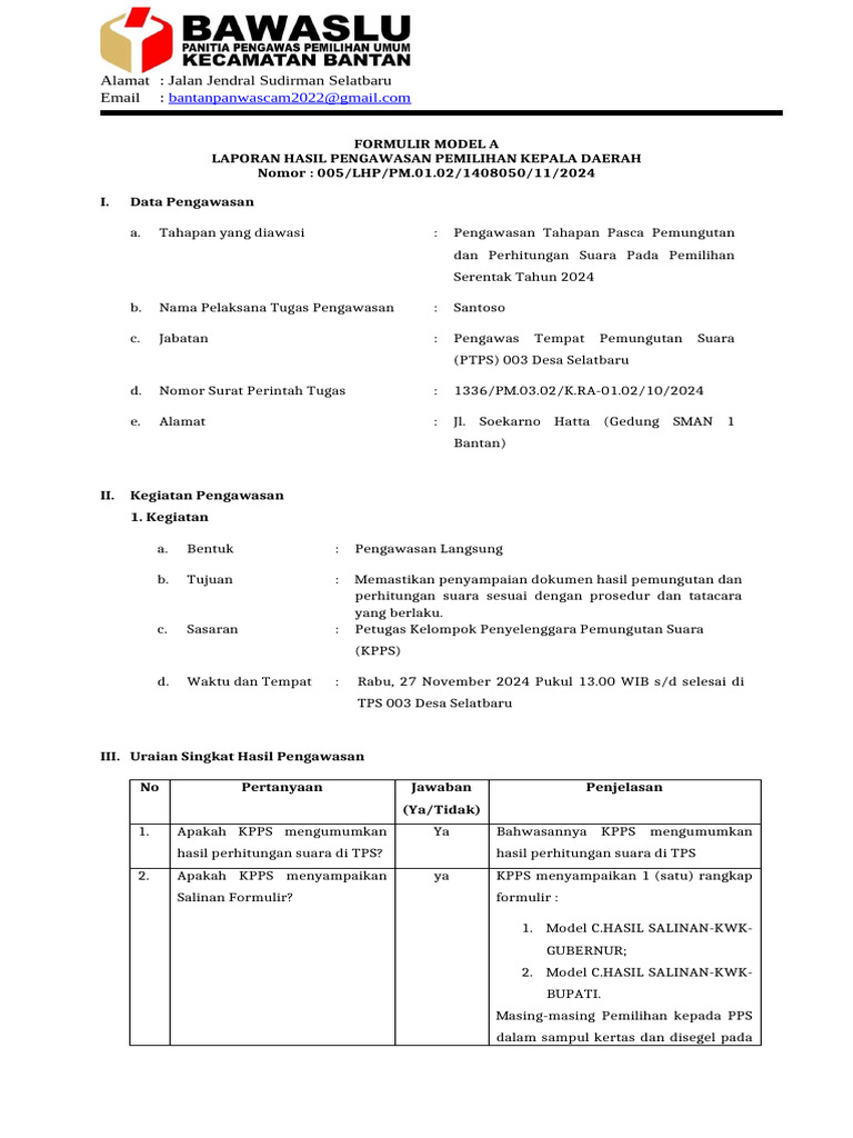 27 November 2024 Form A Pasca Pemungutan Dan Perhitungan Suara TPS 003 ...