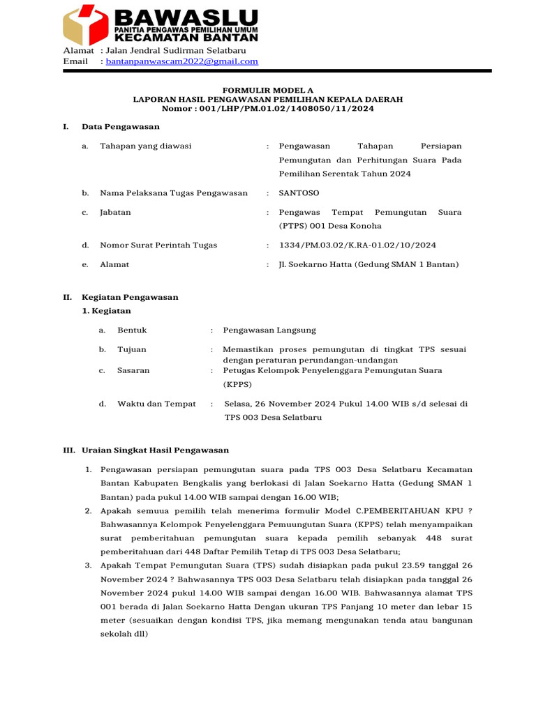 1. 26 November 2024 Form a Pengawasan Persiapan Pemungutan Dan Perhitungan Suara Tps 003 Desa ...
