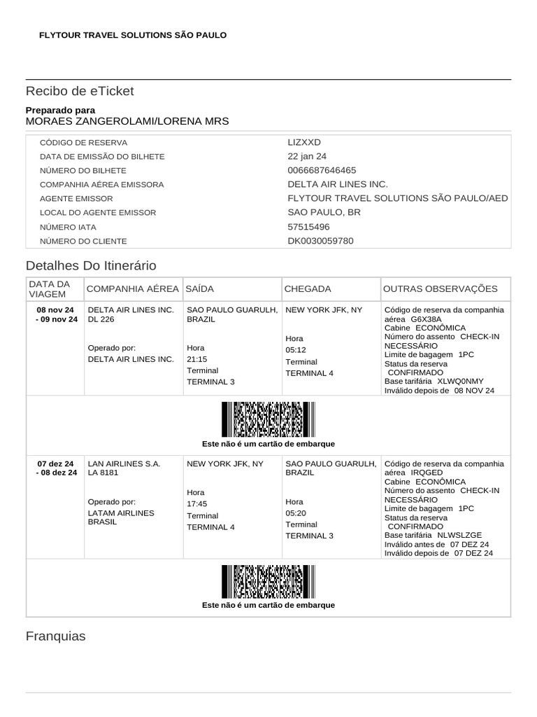 Recibo Do Bilhete Eletrônico, 08 Novembro para MRS LORENA MORAES ...