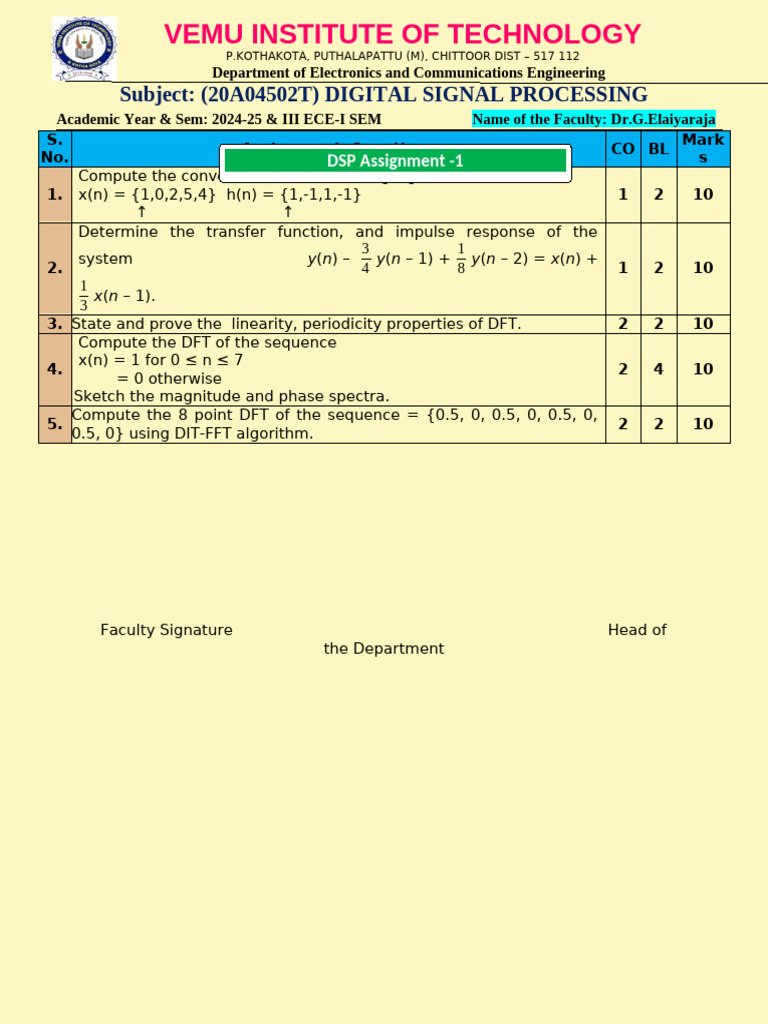 III ECE - I Sem - DSP Assignment Questions - 2024 - 25 | PDF