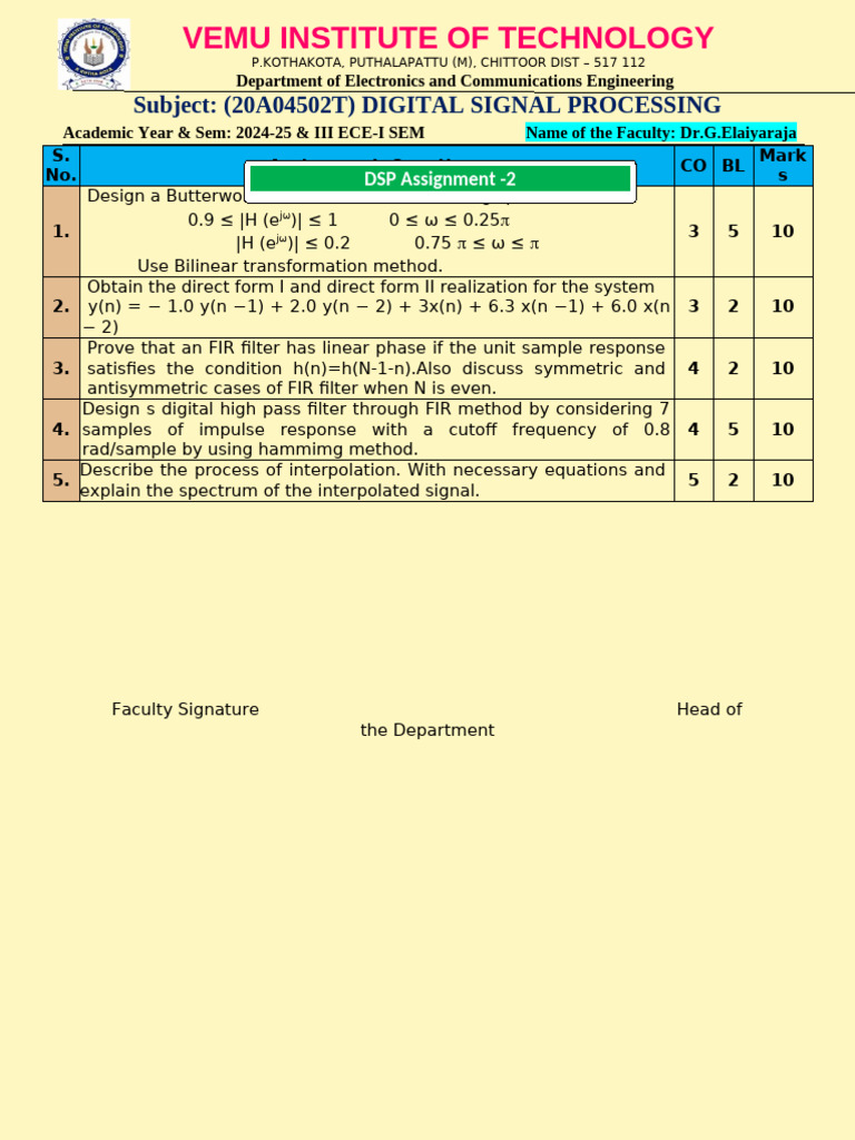 III ECE - I Sem - DSP Assignment Questions II - 2024 - 25 | PDF