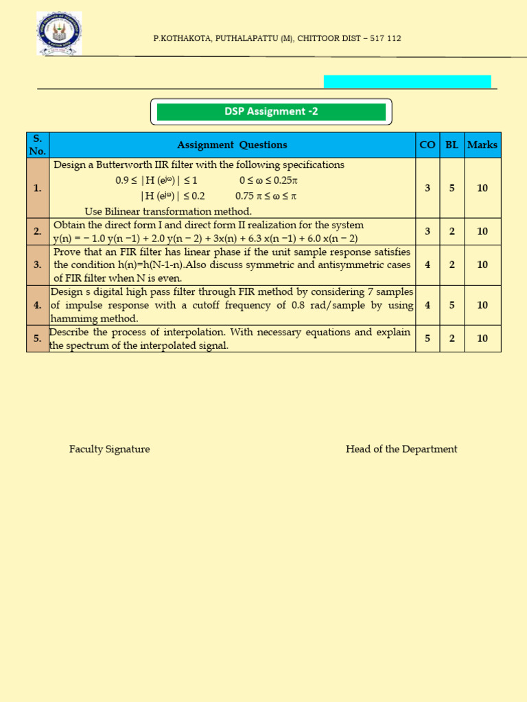 III ECE - I Sem - DSP Assignment Questions II - 2024 - 25 | PDF