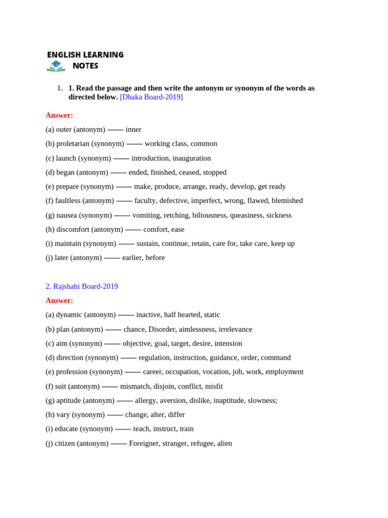 Read The Passage and Then Write The Antonym or Synonym of The Words As ...