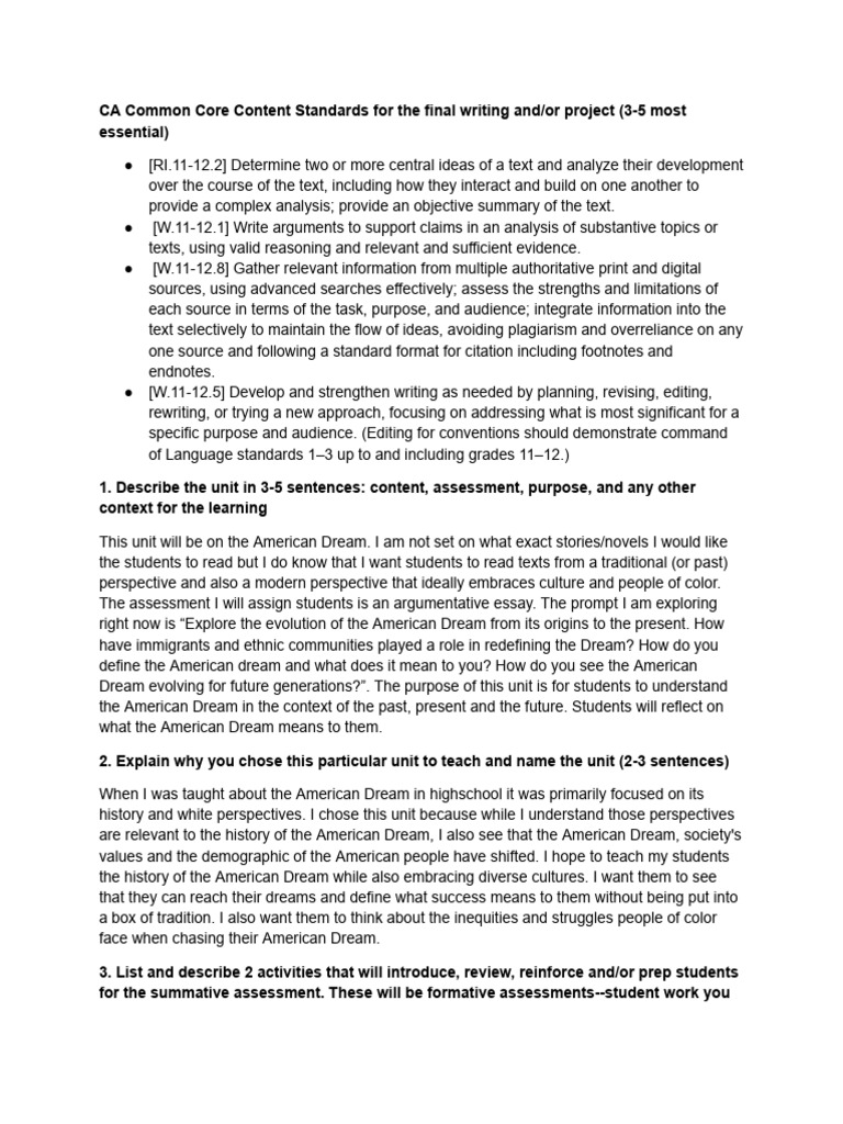 Unit Overview (Unit Plan - Checkpoint #1) | PDF | American Dream | Note ...