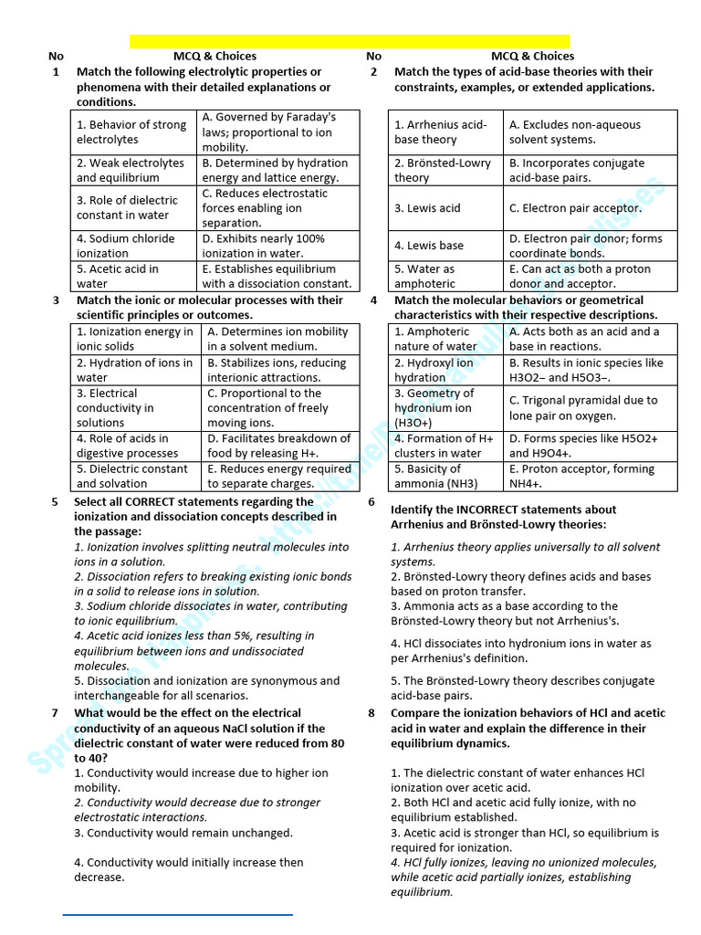 50 MCQs Ionic Equilibrium in Solution & Acids, Bases and Salts | PDF | Acid | Dissociation ...
