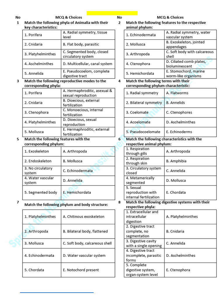 12 Match Making MCQs Classification of Animals Animal Kingdom | PDF ...