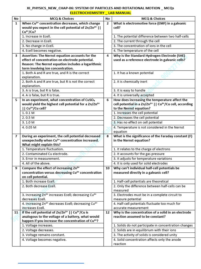 48 Mcqs On Electrochemistry Lab Manual Pdf Electrochemistry