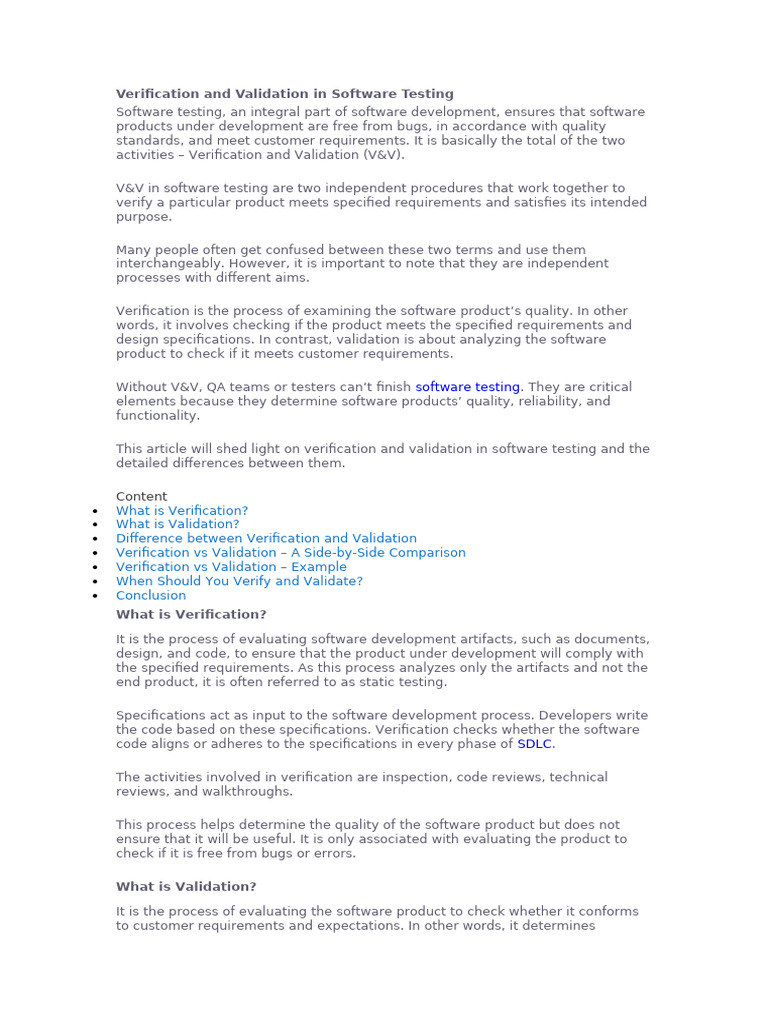 Verification And Validation In Software Testing Pdf Software Testing Verification And