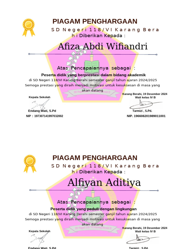 Piagam Kelas 4 B | PDF