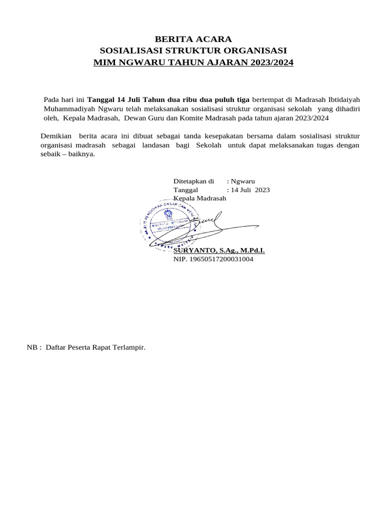 Sosialisasi Struktur Organisasi MI Ngwaru | PDF