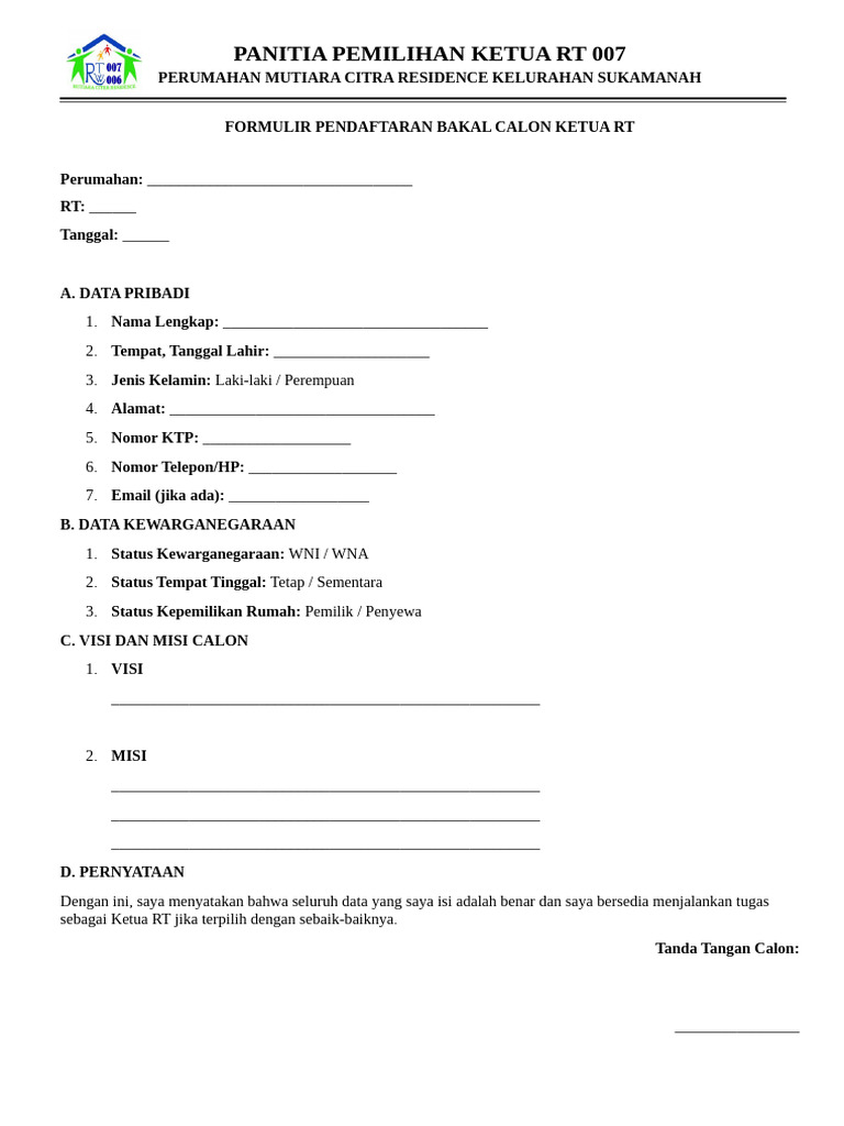 FORMULIR PENDAFTARAN RT 007 | PDF