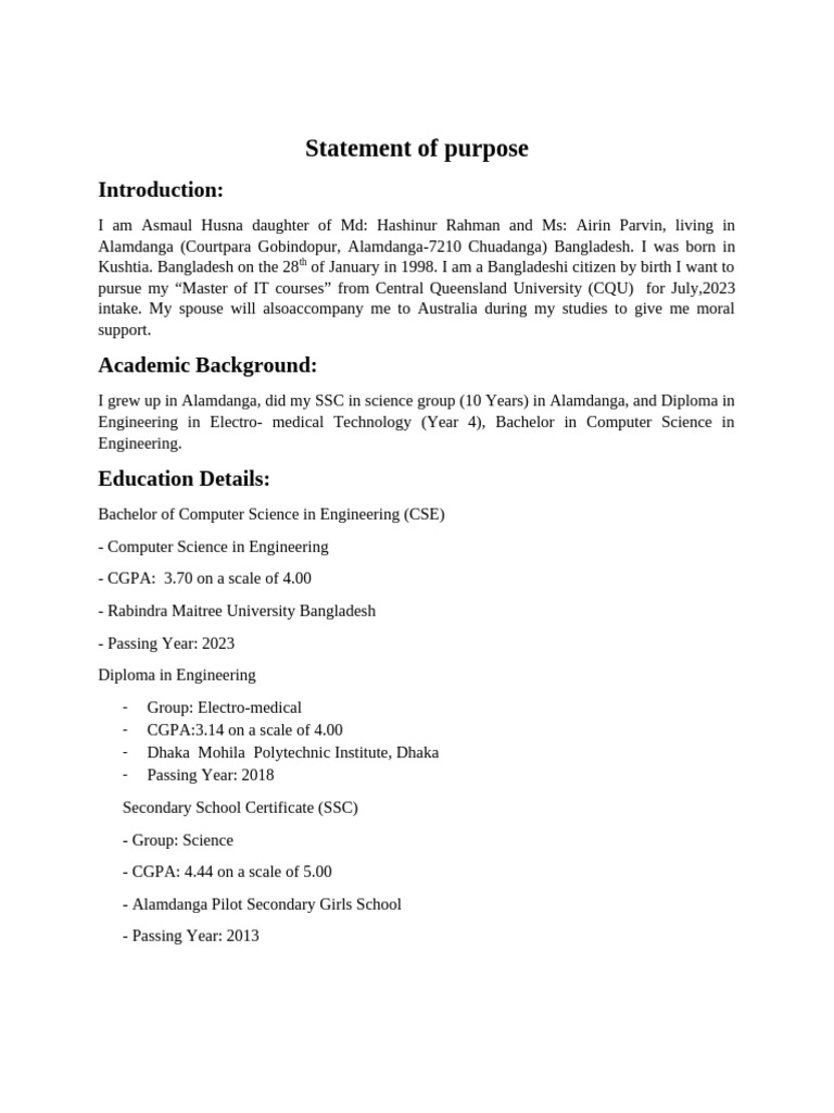 cqu sop | PDF | Cost Of Living | International Student