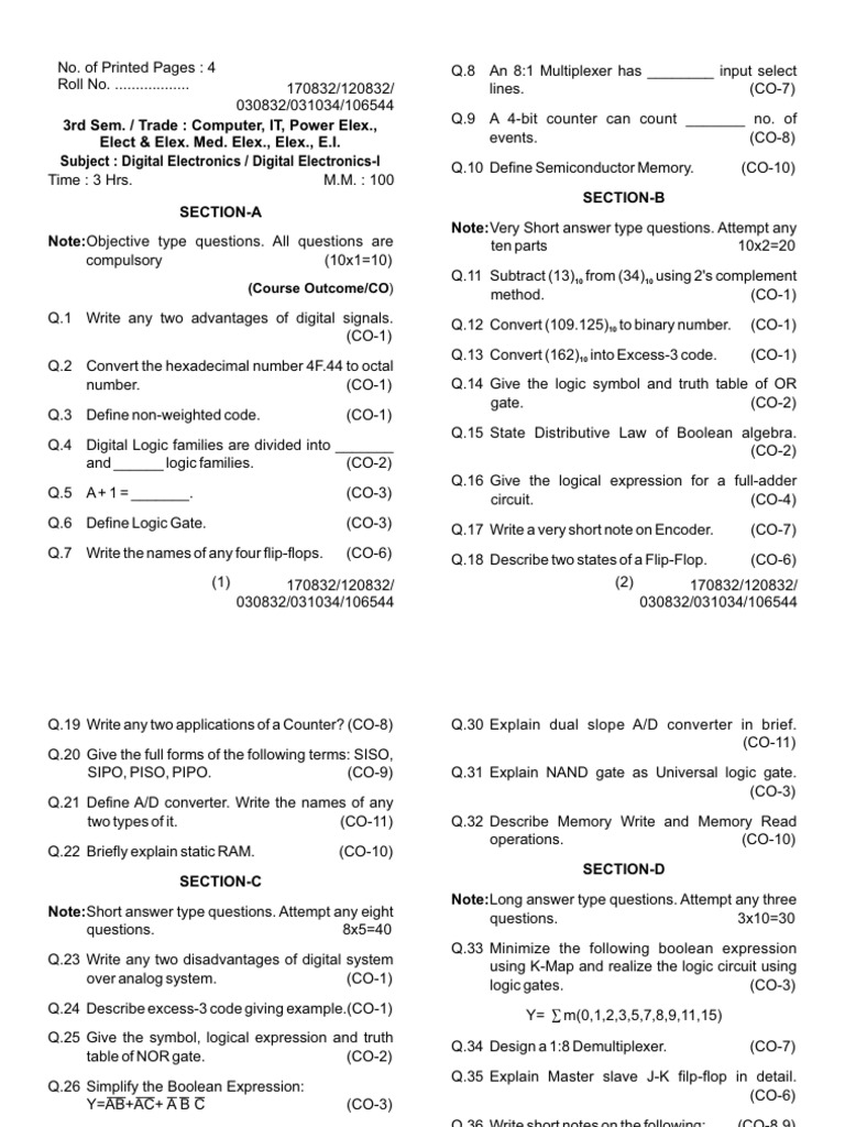 Common 3 Sem Digital Electronics 170832 May 2019 | PDF | Logic Gate ...