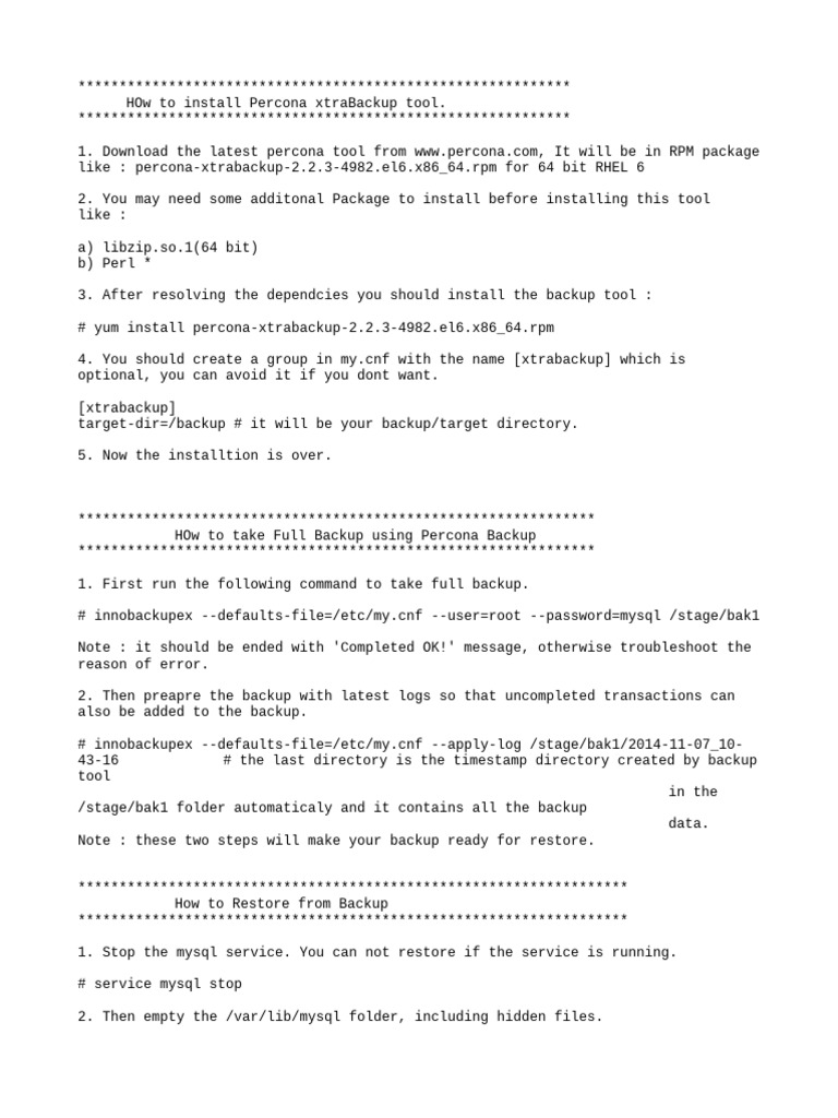 Percona Xtrabackup Installtion and Taking Backup - Restore Steps | PDF ...